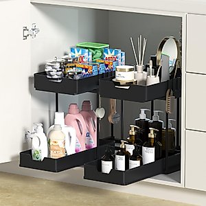 WISCLASS 2 Pack Under Sink Organizer,2 Tier Bathroom Cabinet Organizer with Sliding Basket,Multi-Purpose Under Sink Organizers and Storage for Bathroom Kitchen