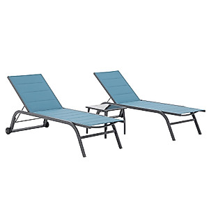 Patiorama Outdoor Patio Chaise Lounge Chair Set of 3, Dark Grey Aluminum Textilene Padded Adjustable Recliner w/Wheels, Side Table, Pool Lounger All Weather for Beach, Yard, Balcony (Turquoise Blue)