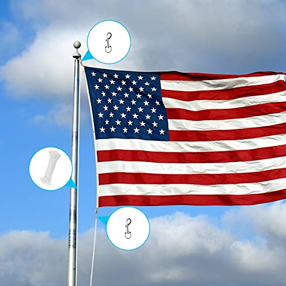 Flag Pole Rope Kit - 100ft Flag Pole Halyard Rope 1/4" Thick with 4 Pcs Zinc Alloy Swivel Snap Hooks for Flagpoles Up to 50ft, Double Braided Nylon Flagpole Line Rope Outdoor Flagpole Accessories