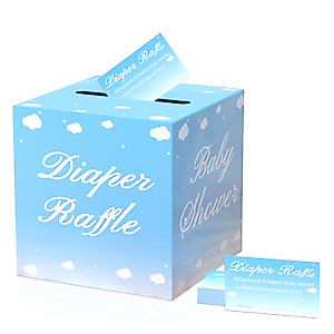 QISOLIY 50 Pieces Diaper Raffle Tickets with Box Baby Shower Game Invitations Diaper Raffle Cards Diaper Raffle Box Set for Baby Shower Gender Reveal Party Supplies Card Box (Blue)
