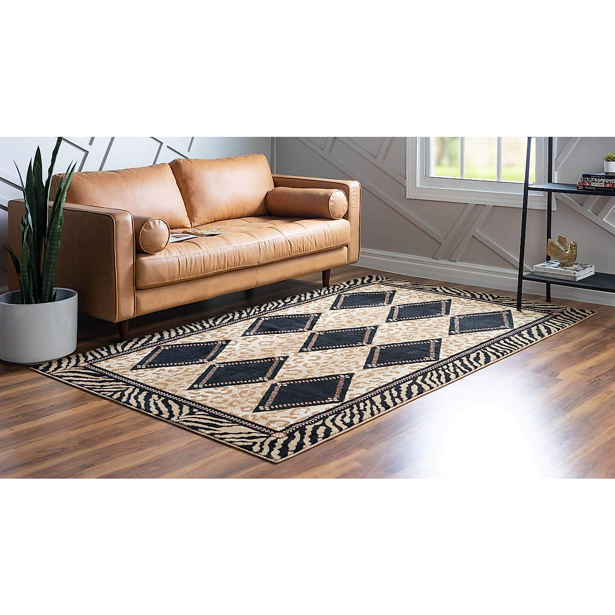 Unique Loom Wildlife Collection Animal Inspired with Tiger Bordered Design Area Rug, 9 ft x 12 ft, Light Brown/Black