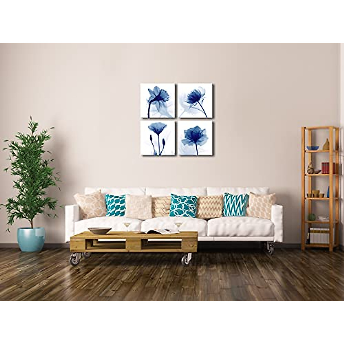 Pyradecor Blue Flickering Flower Modern Abstract Paintings Canvas Wall Art Gallery Wrapped Grace Floral Pictures on Canvas Prints 4 Panels Artwork for Living Room Bedroom Office Home Decorations