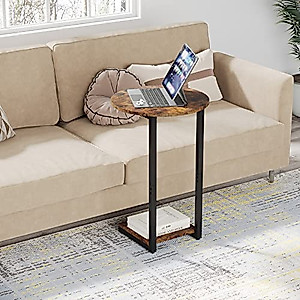 Small Side Table C Table End Table - Small Wood Coffee Table TV Tray for Eating Couch Tables That Slide Under, Modern C Shaped Side Table for Small Space, Oval Table Top Design, Rustic Brown