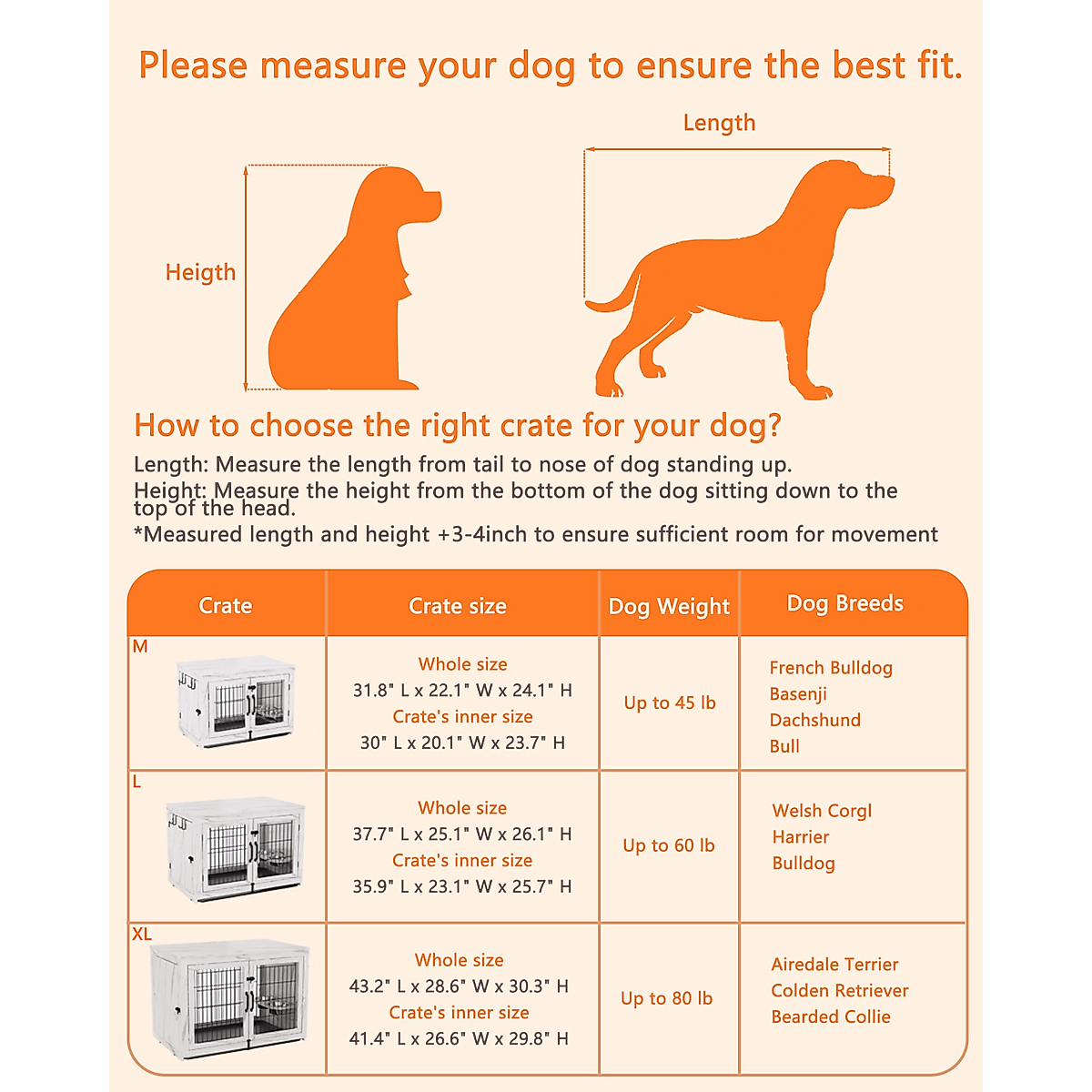 Piskyet Wooden Dog Crate Furniture with 360°Rotatable Removable Dog Bowls, Dog Crate End Table with Tray, Double Doors Dog Kennels forDogs(L:37.7" L*25.1" W*26.1" H, Marble White)