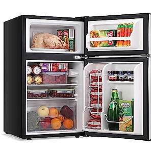 Antarctic Star Mini Refrigerator 3.2Cu.Ft Compact Fridge Defrost Double Doors Freezer Energy Saving Storage of Beverages Vegetables Fruits Suitable for Kitchen Living Room Office Dorm Grey