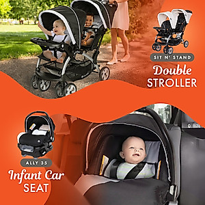 Baby Trend Sit N' Stand Easy Fold Travel Double Toddler and Newborn Stroller & 2 Single Infant Car Seat Combo Set, w/ Safety Harnesses & Cover, Khaki