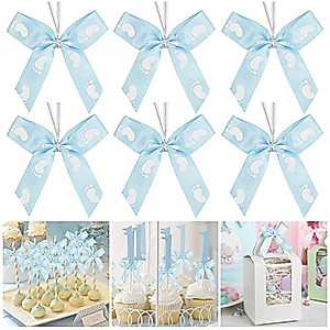 AIMUDI Baby Shower Ribbon Twist Tie Bows 2.5" Premade Blue Bows for Baby Shower Decorations for Boy Pre-Tied Baby Blue Bows for Treat Bags Ribbon for Gender Reveal Bows for Gift Wrapping - 50 Counts