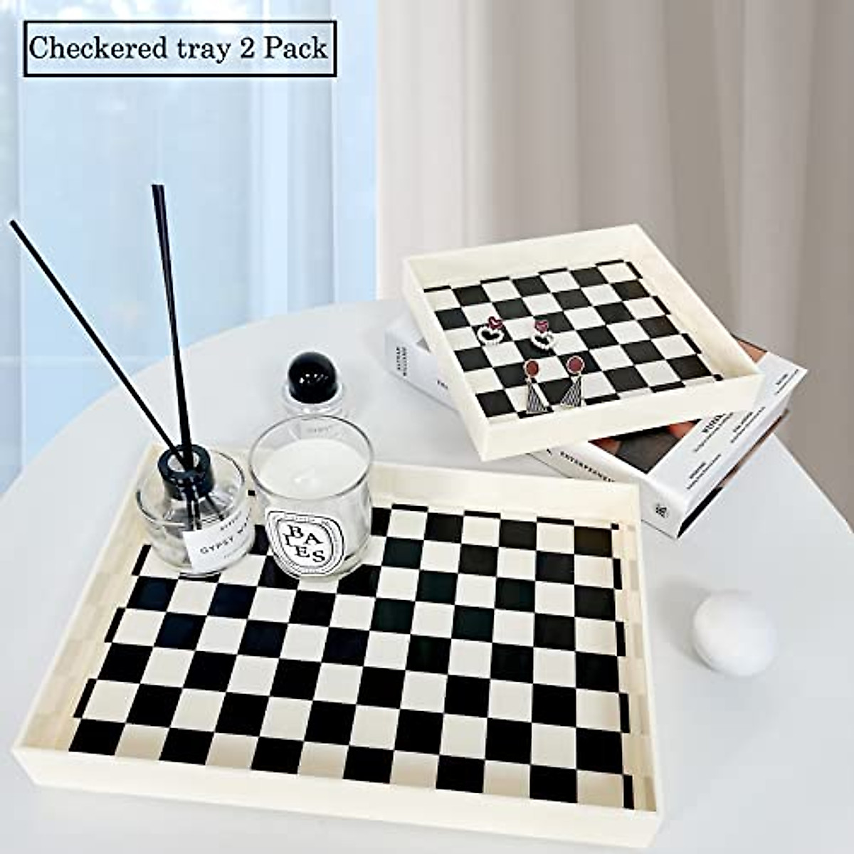 Benziert Set of 2 Acrylic Trays White Jewelry Trays Perfume Trays for Dresser Tray Black Bathroom Tray Vanity Tray for Bathroom countertop Makeup Tray Perfume Organizer Tray Checkered Decorative Tray