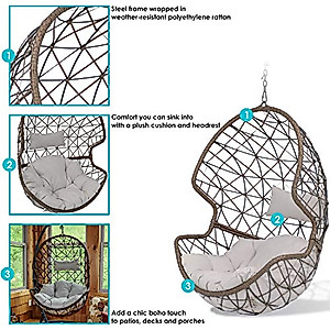 Sunnydaze Danielle Hanging Egg Chair Swing, Resin Wicker Basket Design, Outdoor Use, Includes Gray Cushion