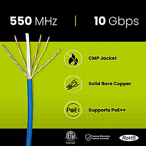 trueCABLE Cat6 Plenum (CMP), 1000ft, Blue, 23AWG 4 Pair Solid Bare Copper, 550MHz, PoE++ (4PPoE), ETL Listed, Unshielded Twisted Pair (UTP), Bulk Ethernet Cable