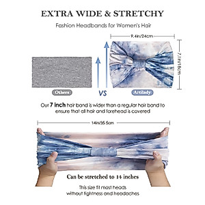 Artilady 7'' Wide Headbands for Women Tie Dye - Large Soft Cloth Headwrap Elastic Stretchy Head Bands Boho Turban Hair Bands Non Slip Hair Accessories 6 PCS