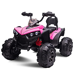 OTTARO 12V Ride on ATV 2 Seater, 4 Wheeler Electric Quad for Kids 3-8 w/ 17" Length Seat, LED Lights, 2 Speeds, Soft Braking, Rear Pedal & Backrest (Pink)