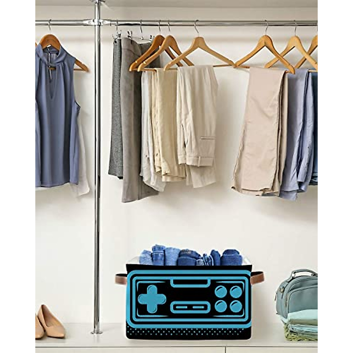 Video Game Cube Storage Organizer Bins with Handles,1PC Collapsible Canvas Cloth Fabric Storage Basket,Blue Gamer Kids Boys Gamepad Console Game Controller Kids' Toys Bin Boxes for Shelves