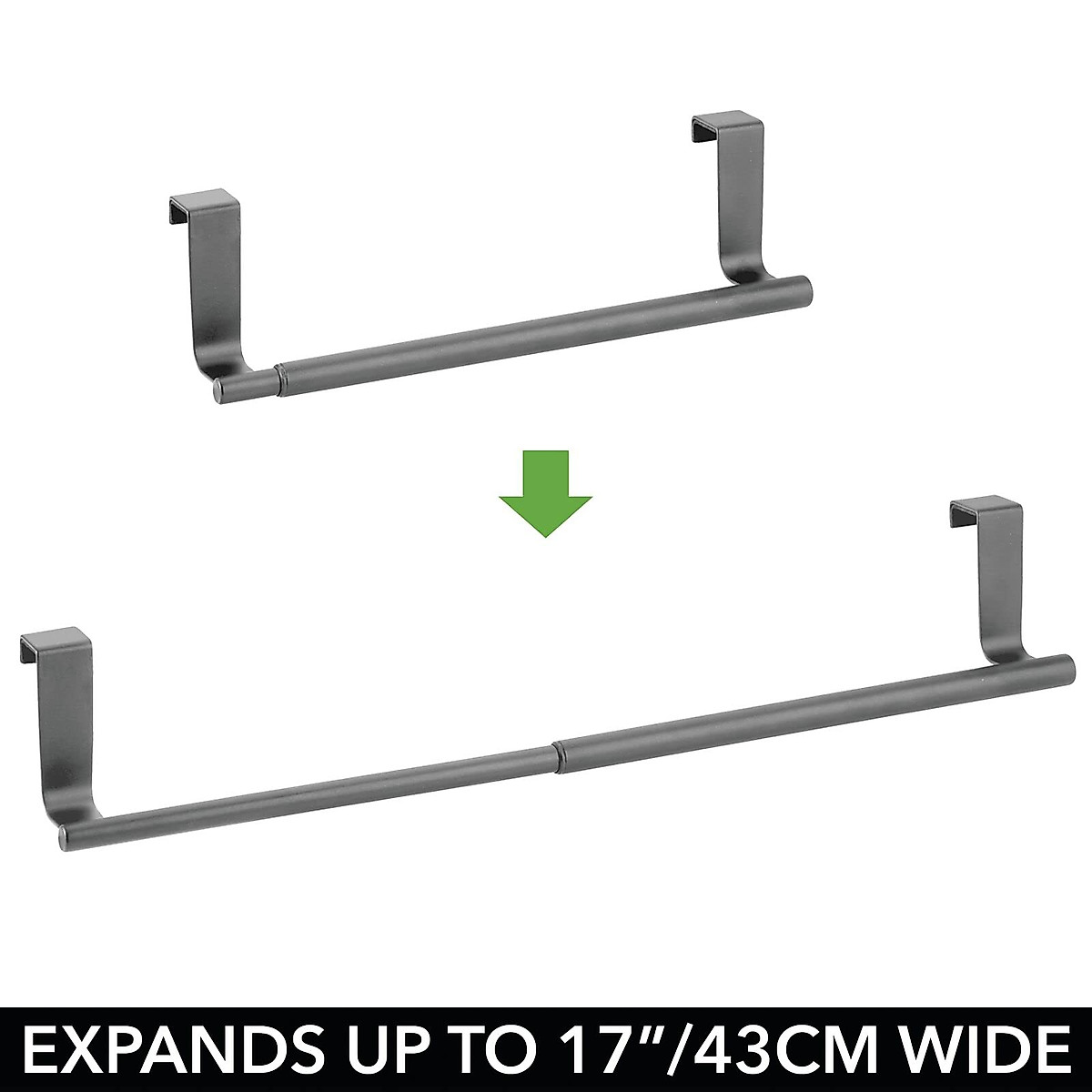 mDesign Adjustable, Expandable Over Kitchen Cabinet Towel Bar Rack - Hang on Inside or Outside of Doors, Hold Hand, Dish, Tea Towels - Customizable to 17" Wide, Omni Collection - Matte Black