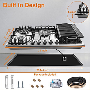 30 Inch Bulit-In Gas Cooktop with Griddle, 5 Italy SABAF Powerful Burners Over 92% High Efficiency, Max 48300BTU Gas Stove Top, 304 Stainless Steel Panel, NG/LPG Convertible, CSA Certified