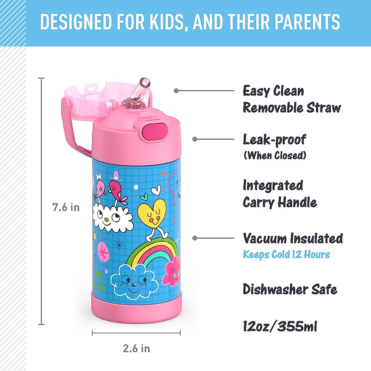 THERMOS FUNTAINER Water Bottle with Straw - 12 Ounce, Sketchbook - Kids Stainless Steel Vacuum Insulated Water Bottle with Lid