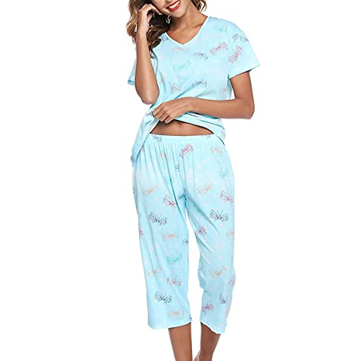 ENJOYNIGHT Women's Sleepwear Tops with Capri Pants Pajama Sets(X-Large,Flyyying)