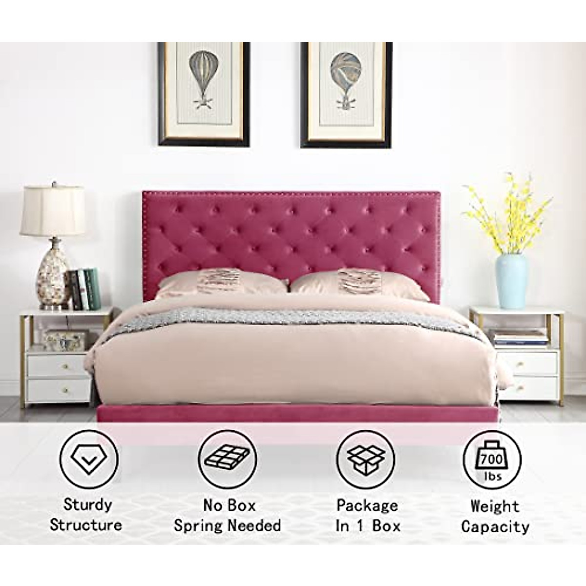 Queen Upholstered Platform Bed Frame with 48" Tall Adjustable Headboard - Button Tufted Suede Velour Bed- Wood Slat Support with Storage Space- No Box Spring Needed - Pink - OLIVER & SMITH - Princeton