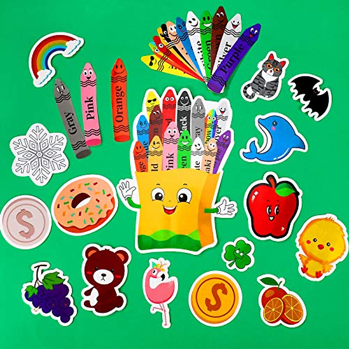 31 Pieces Colorful Crayons Cutouts Bulletin Board Set Color Poster Pencils Fruit Animal Cutout Stickers Bulletin Board Accent for Educational Preschool Learning Classroom Decor