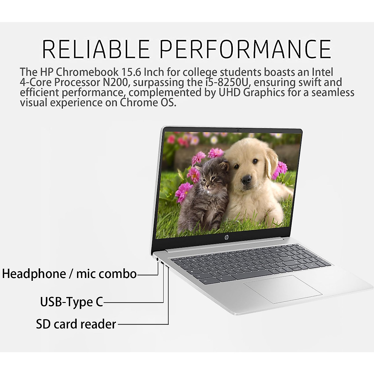 HP Chromebook 15.6 Inch Laptop for College Students, Intel 4-Core Processor N200 (Beat i5-8250U), 8GB DDR5 RAM, 192GB Storage (64GB eMMC + 128GB SD Card), Chrome OS, UHD Graphics, Natural Silver, PCM