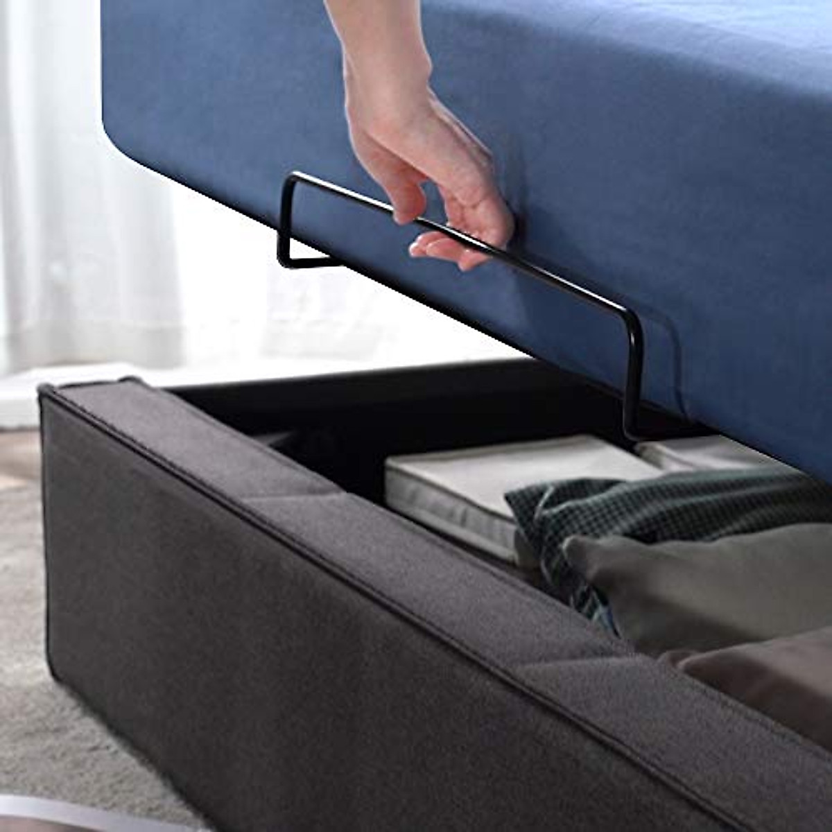 ZINUS Finley Upholstered Platform Bed Frame with Lifting Storage / Hydraulic Lifting Under Bed Storage / No Box Spring Needed / Easy Assembly, Full