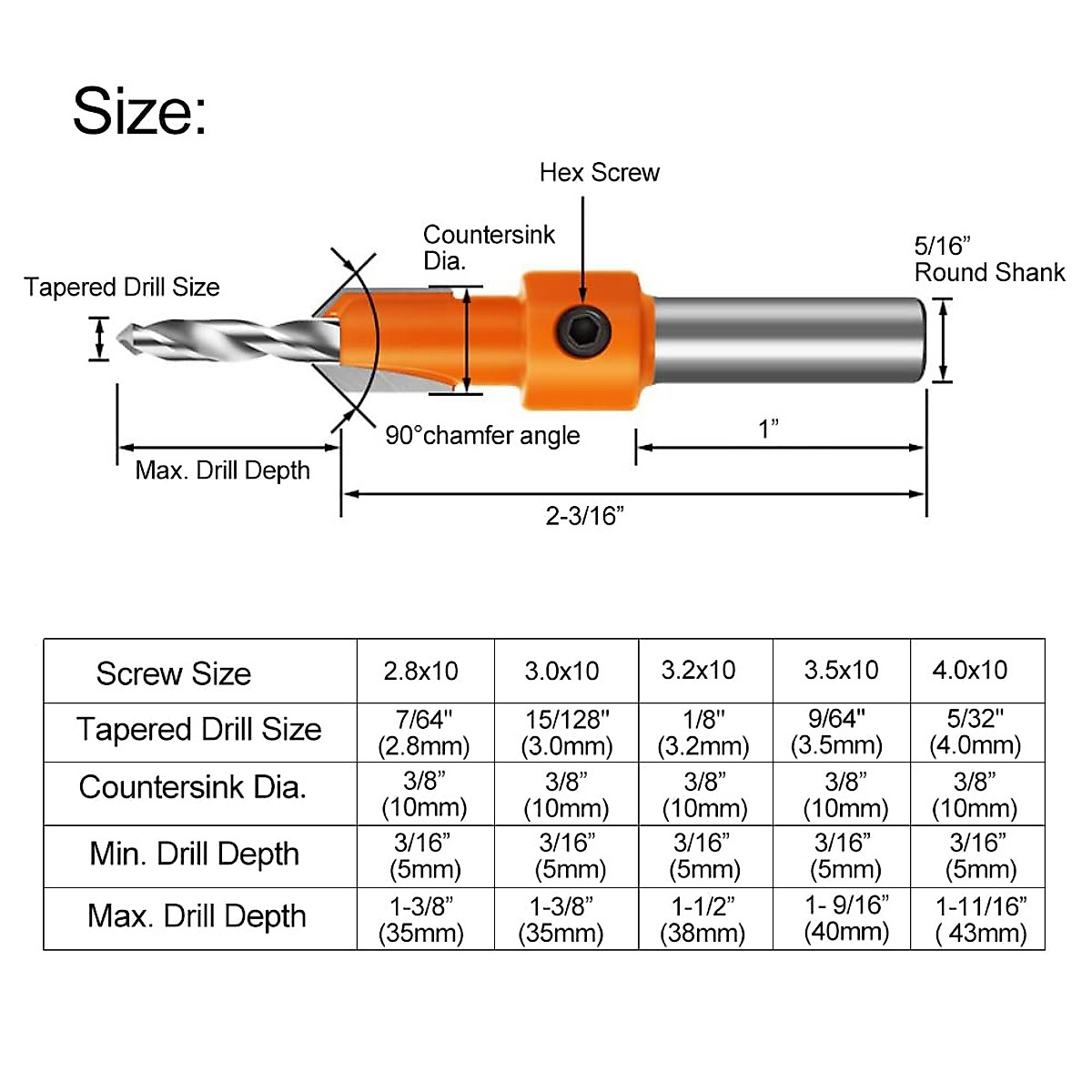 ASNOMY 10Pcs Wood Countersink Drill Bit Set, 5Pcs Countersink Drill Bit with 5Pcs Extra Pilot Drill bit, Tapered Drill Bits with 5/16" Round Shank, Counter Sinker Drill Bit Set for Woodworking