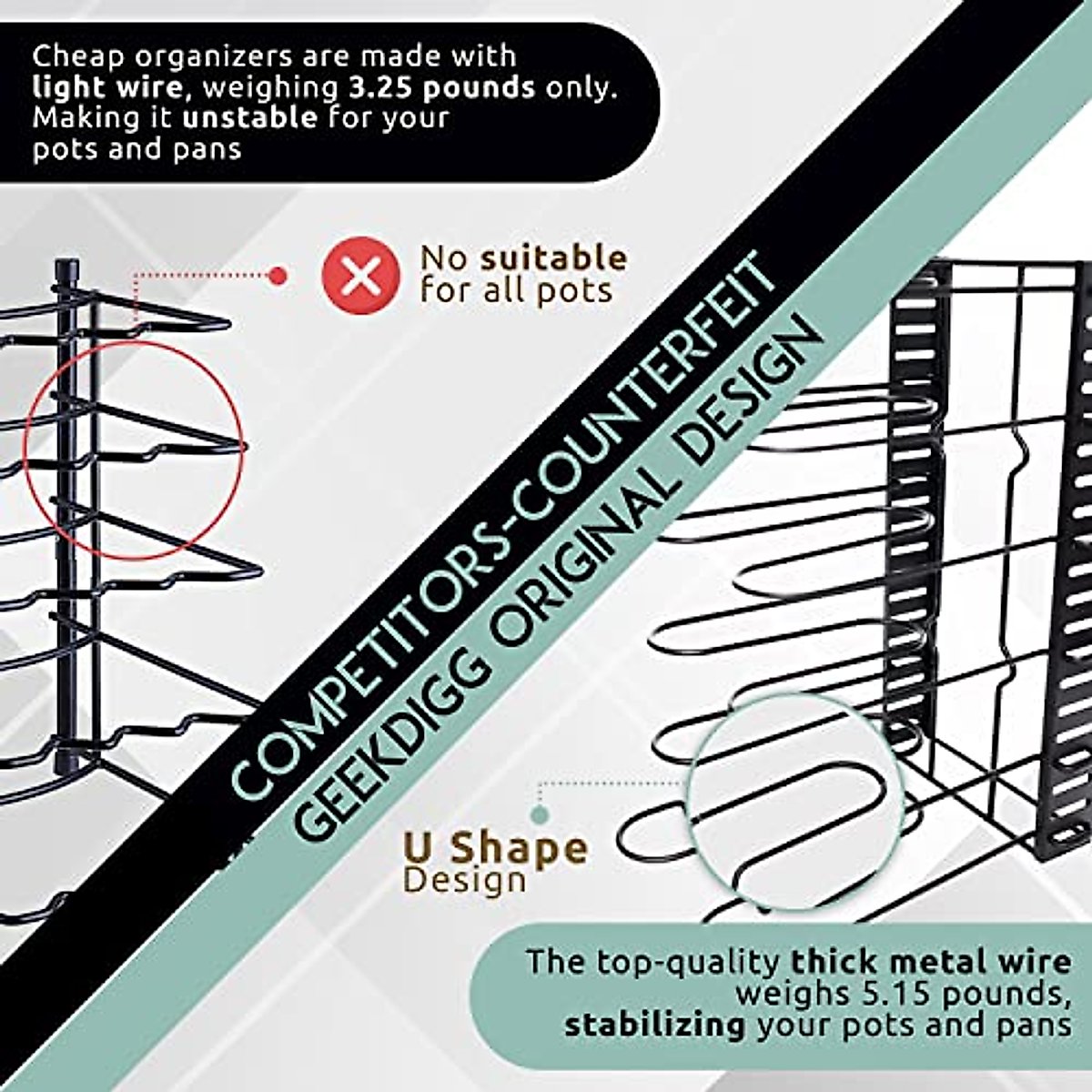 GeekDigg Pot Rack Organizer For Cabinet or Countertop, 3 DIY Methods Pot Rack, Height and Position are Adjustable 8+ Pots and Pan Lid Holder, Black Metal Kitchen Pantry Organizer Upgraded Version