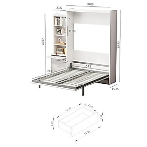 WOXYX Full Size Murphy Bed with Shelf and Drawers, Mordern Design Multifunctional Foldable Platform Bedframe Gas Struts,White