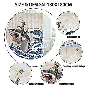 LEITINGYA Funny Cat Shower Curtain, Cool Cat Riding Shark Shower Curtain, Japanese Ocean Wave Nautical Anchor Shower Curtains for Bathroom, Waterproof Shower Curtain Set 12 Hooks Included -72x72 Inch