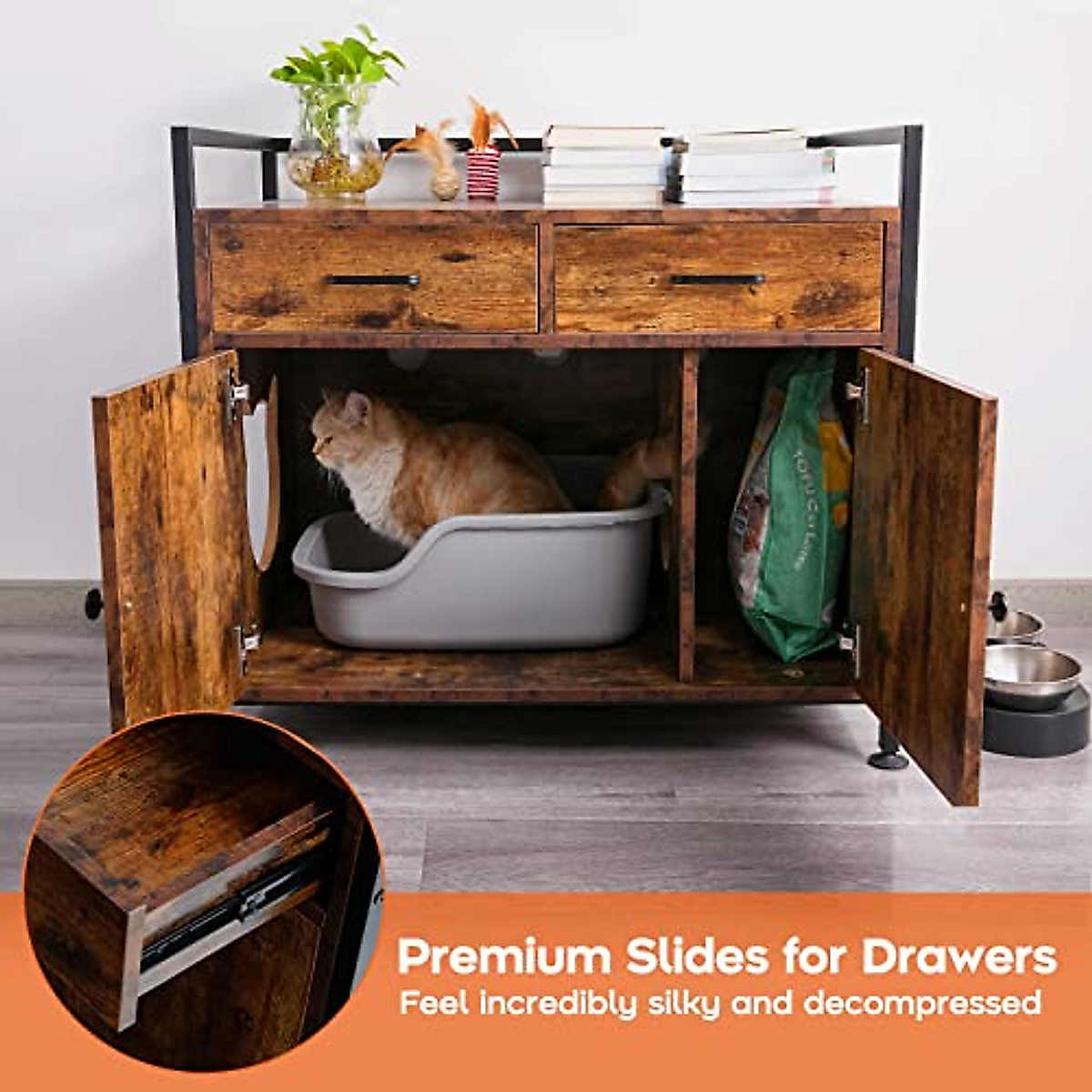 TC-HOMENY Cat Litter Box Enclosure Cabinet Storage Wooden Hidden Cat Washroom Furniture with 2 Doors, Drawers