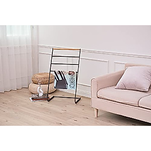 ikloo 32 Inch 4-Tier Freestanding Black Metal with Pine Wood Towel Rack for Bathroom with Hanging Bars, Laundry Room Drying Rack Organizer, Bathroom Storage Stand.