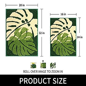 SIKIART Green Leaves Microfiber Absorbent Bath Mats,TPR Non Slip Backing,Machine Washable Plant Leaf Thick Carpet Decor Rug for Bathroom, Indoor, Doormat,Childrens Room Tub (Green Leaves, 16" x 24")