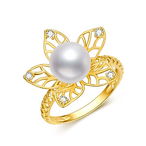 14K Solid Gold Flower Ring for Women,Yellow Gold 9MM Freshwater Pearl Engagement Ring/Wedding Band/Wedding Anniversary Birthday Gifts for Her Size 5-11