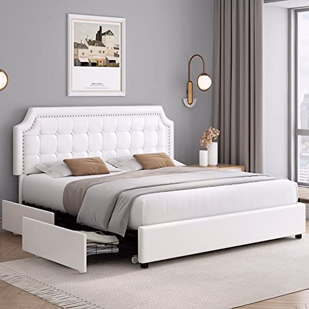 Keyluv Upholstered Queen Bed Frame with 4 Storage Drawers, Platform Bed with Curved Button Tufted Headboard with Nailhead Trim, Solid Wooden Slats Support, No Box Spring Needed, Off White