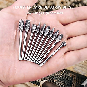 Yoption 10Pcs Double Cut Tungsten Carbide Rotary Burrs Set, with 3mm (1/8 Inch) and 6 mm (1/4 Inch) Head for Wood & Stone Working, Drilling, Steel Metal Carving, Polishing, Engraving