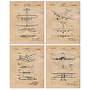 Vintage Propeller Airplane Patent Prints, 4 (8x10) Unframed Photos, Wall Art Decor Gifts Under 20 for Home Office Man Cave College Student Teacher Aircraft Mechanic Pilot Aviation Engineer NASA Fans