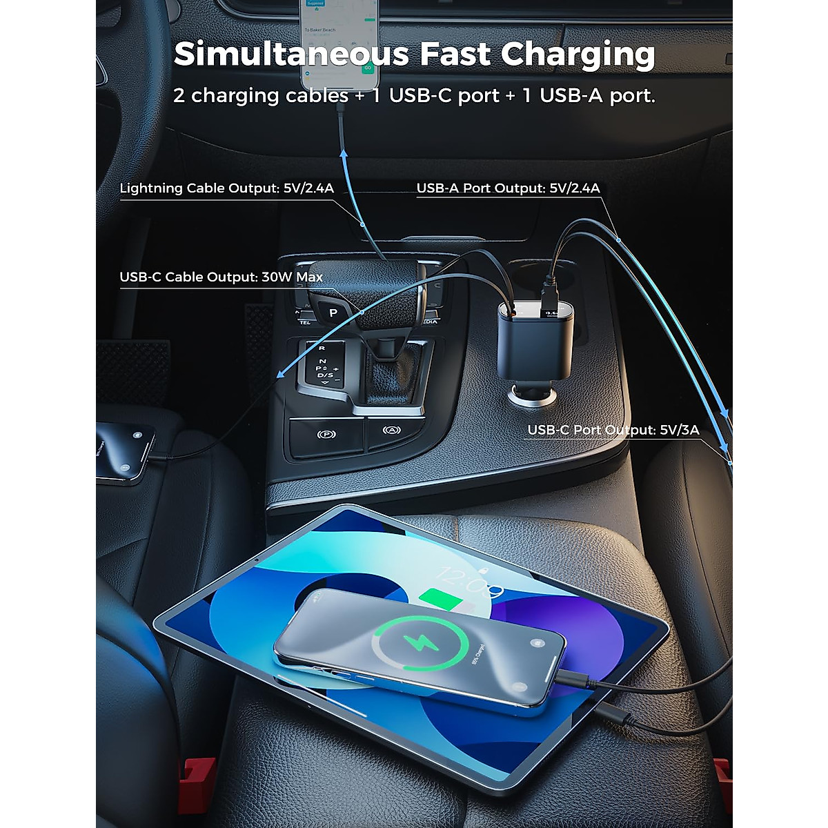 【Upgraded】 SUPERONE Retractable Car Charger 4 in 1, Fast Car Phone Charger with Cord 2.6ft, USB C and Lightning Car Charger Adapter, Compatible with iPhone 15/15 Pro Max/14/13/12/11, Galaxy, Pixel