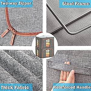 100L Large Clothes Storage Bags, Stackable Storage Bins with Hold Shape Metal Frame, Foldable Closet Organizer Storage Containers with Zipper, Clear Window, Durable Handles Thick Fabric Storage Box for Seasonal Clothing & Bedding (Gray, 3 Pack)