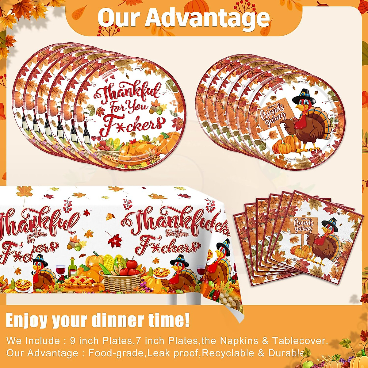 Thanksgiving Paper Plates and Napkins, Friendsgiving Party Decorations Plates Napkins Tablecloth Serving 25 Guests Thankful for You Funny Thanksgiving Friendsgiving Party Supplies Table Decorations