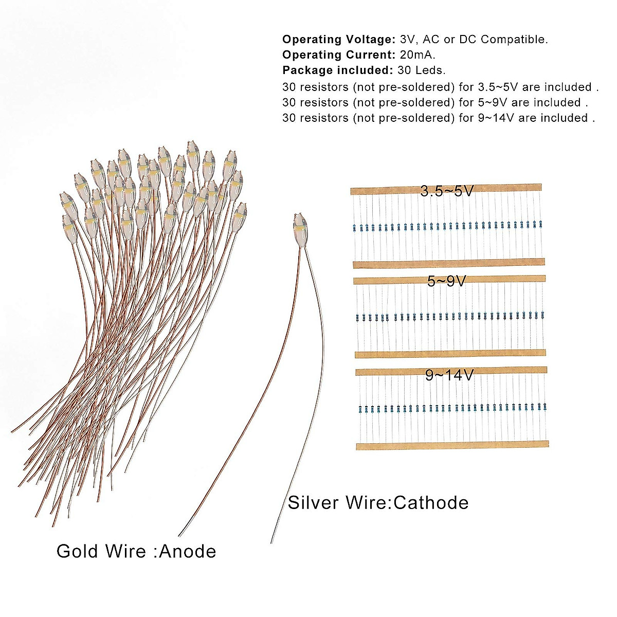 Evemodel 30pcs Pre-soldered Micro Litz Wire Warm White 0603 SMD LED Light 7.8'' Wire Resin Cover Waterproof CD0603WM