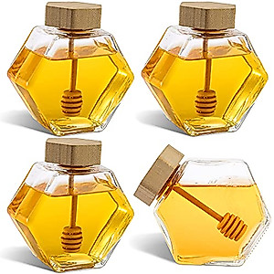 DEAYOU 4 Pack 7 Oz Honey Pot Jars, Glass Honey Pot with Wooden Dipper and Cork Lid, Hexagon Shape Honey Container Dispenser Storage, Clear Heat-Resistant Honeypot for Home, Kitchen