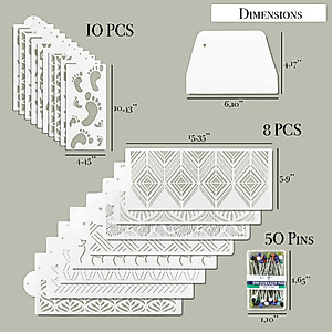 18 PCS Cake Stencils Set - Templates with Scraper and 50 Pins for Decorating Dessert Baking Buttercream Icing Molds Lace Mermaid- Mesh Floral Reusable Spray Fondant Cookie Wedding