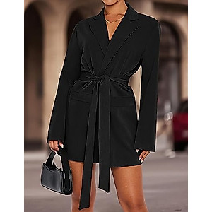 ZESICA Women's 2023 Blazers Long Sleeve Lapel Open Front Oversized Business Work Office Jackets Blazer with Belt,Black,Medium