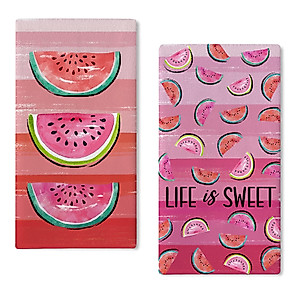 Seliem Summer Life is Sweet Watermelon Kitchen Dish Towel Set of 2, Red Pink Stripes Hand Towel Drying Baking Cooking Cloth, Spring Seasonal Farmhouse Home Kitchen Decor 18x26 Inch