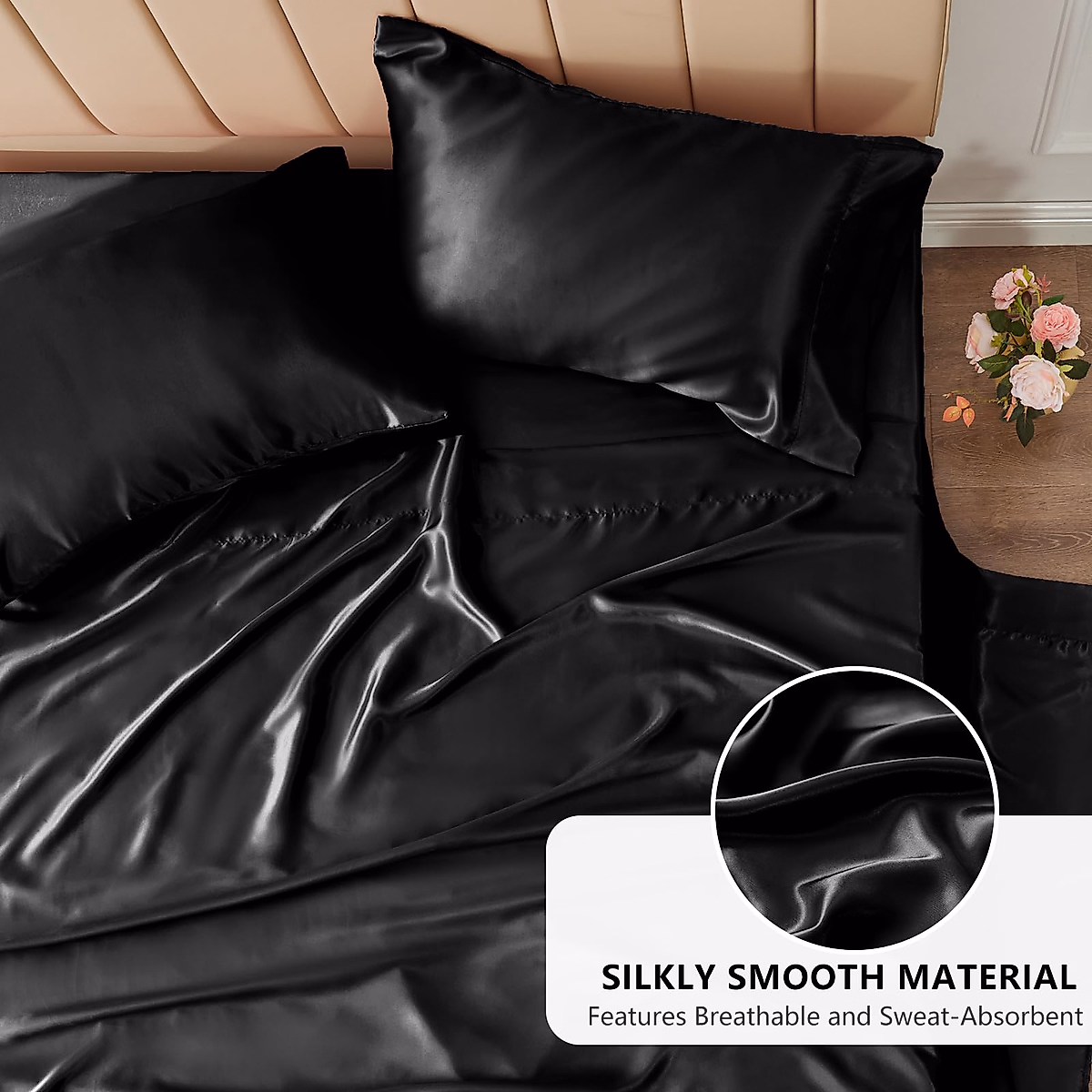 CozyLux Satin Sheets Full Size - 4 Piece Black Bed Sheet Set with Silky Microfiber, 1 Deep Pocket Fitted Sheet, 1 Flat Sheet, and 2 Pillowcases - Smooth and Soft