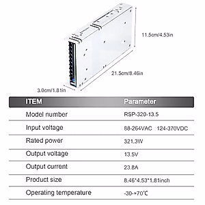 TorqCali RSP-320-13.5 320W Single Output Power Supply 13.5V 23.7A Constant Current with PFC, 88-264VAC Input, for Industrial Automation and Test Systems