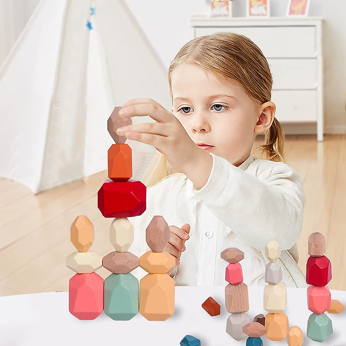 FIMIJORY 36 PCs Kids Balancing Stones,Wood Building Blocks, Sorting Stacking Rocks, Educational Preschool Learning Toys, Lightweight Puzzle Set, Sorting Toys for Kids 3+