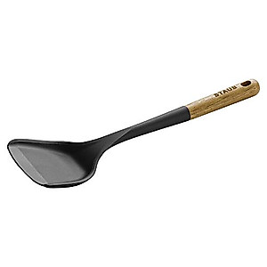 STAUB Wok Spatula, Perfect for Scooping, Flipping, Stirring, and Turning Stir Fries, One Size, Durable BPA-free Matte Black Silicone, Acacia Wood Handles, Safe for Nonstick Cooking Surfaces