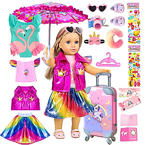 WONDOLL 18-inch-Doll-Clothes and Accessories - Doll-Travel-Suitcase Play Set Including Luggage, 2 Sets of Doll-Clothes and Shoes, Umbrella Sunglasses Camera Travel Pillow Blindfold Passport Tickets