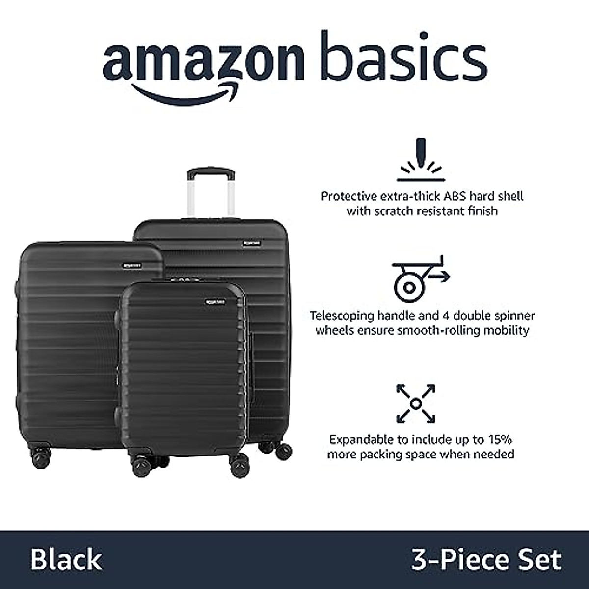 Amazon Basics 3-Piece Set Hardside Spinner, Black